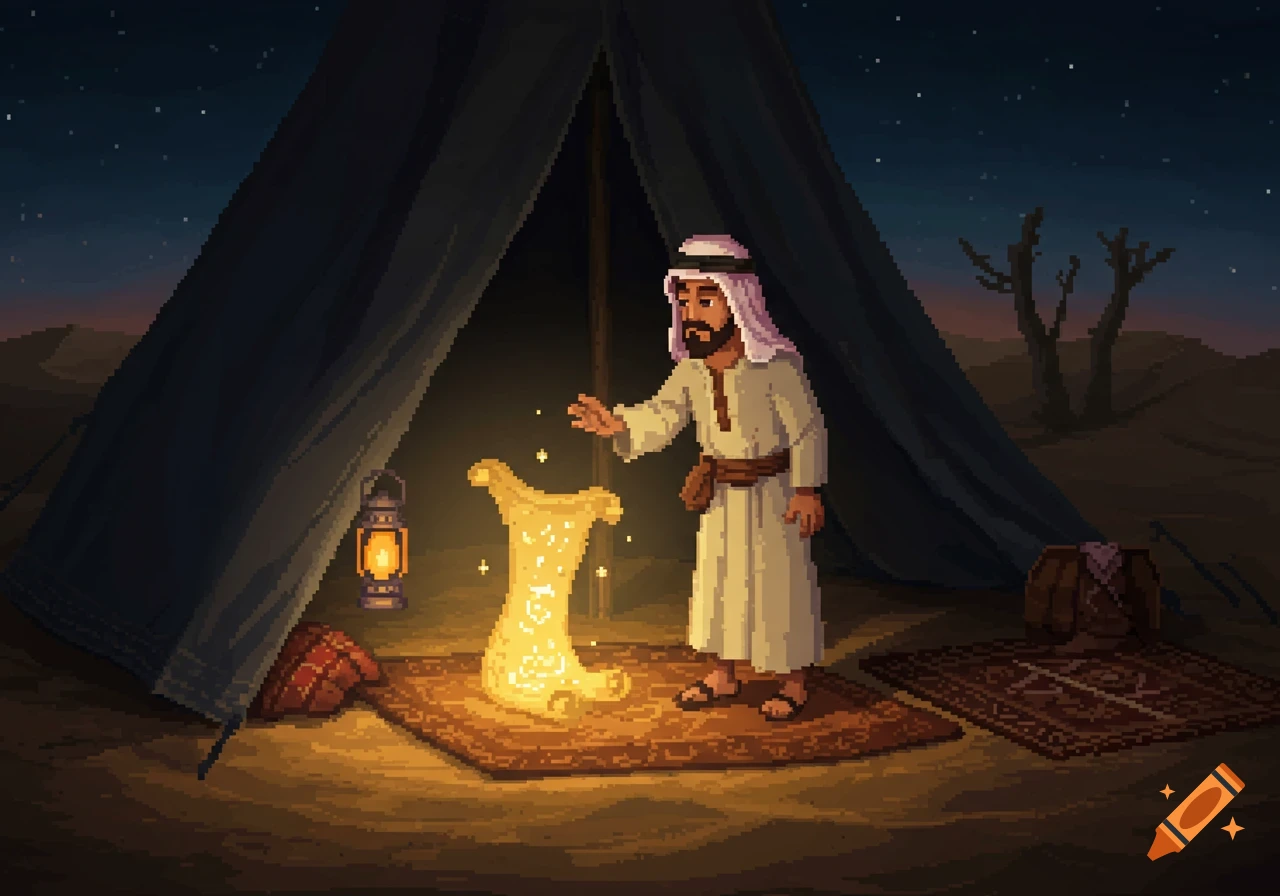 Pixel art of an Arab man in a desert tent reaching for a glowing scroll ...
