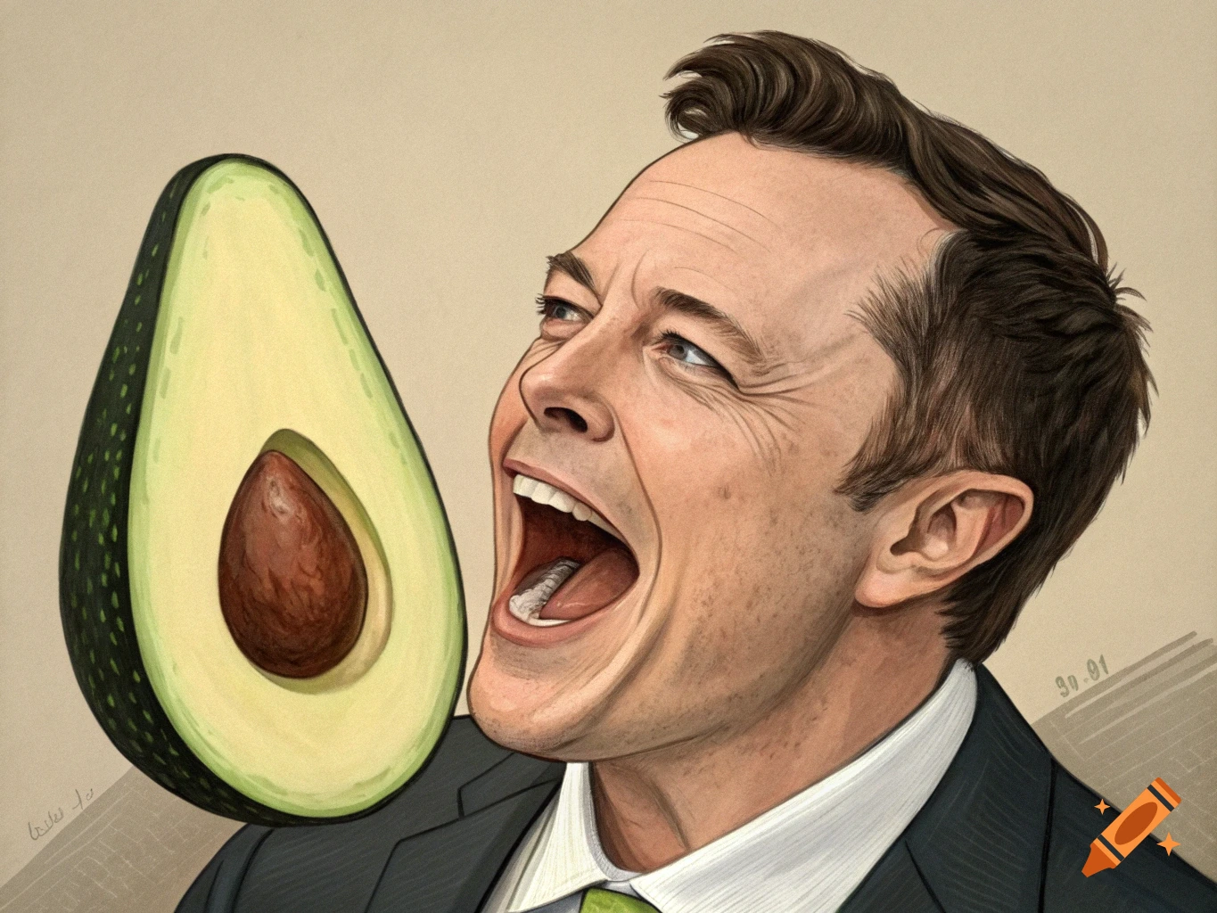 Caricature illustration of Elon Musk yelling with a large avocado in ...
