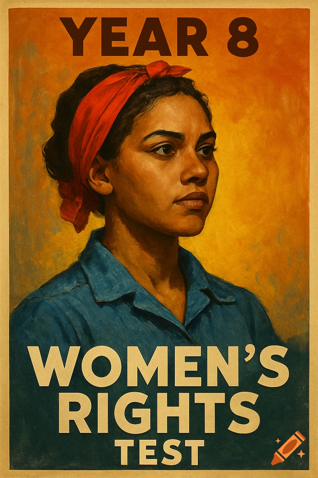 Poster art of a woman wearing a red bandana with text reading 'YEAR 8 ...