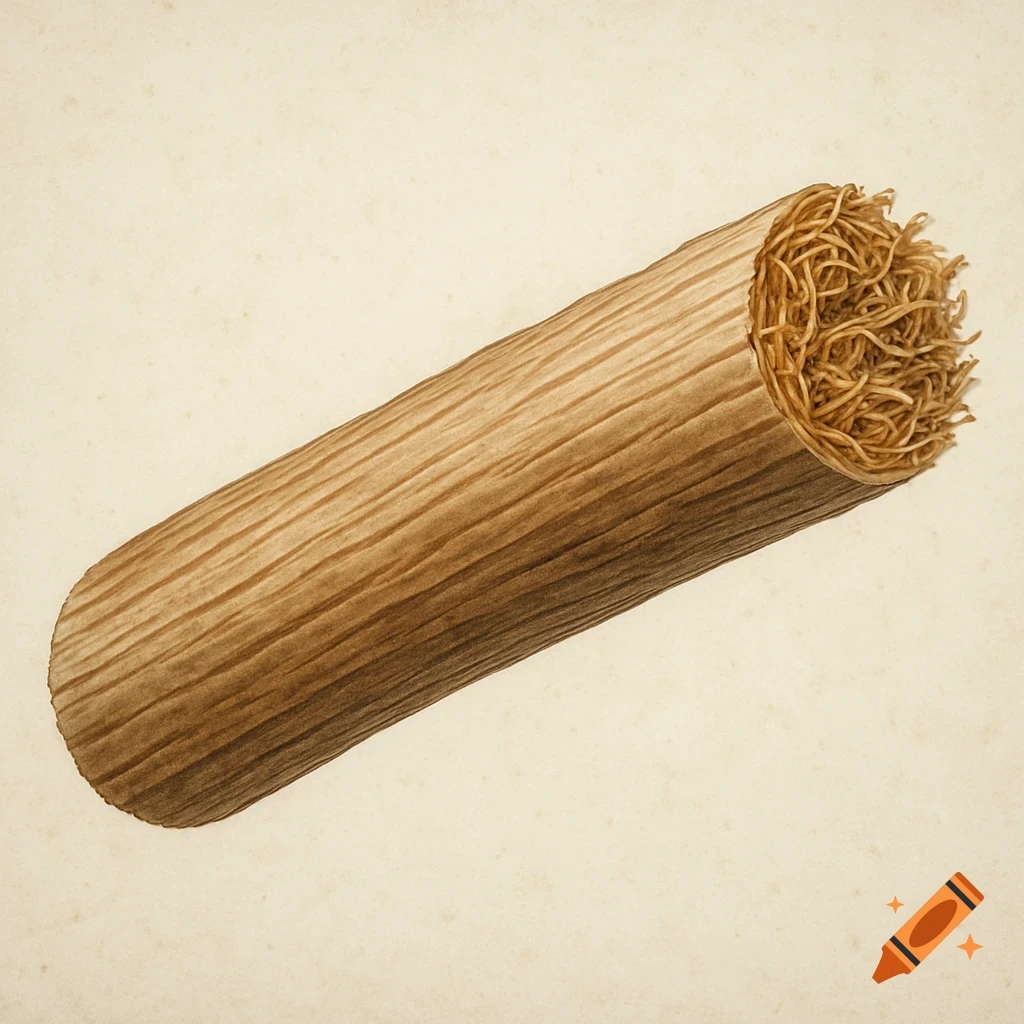 A cylindrical bundle of brown wood fibers on a light background, styled ...