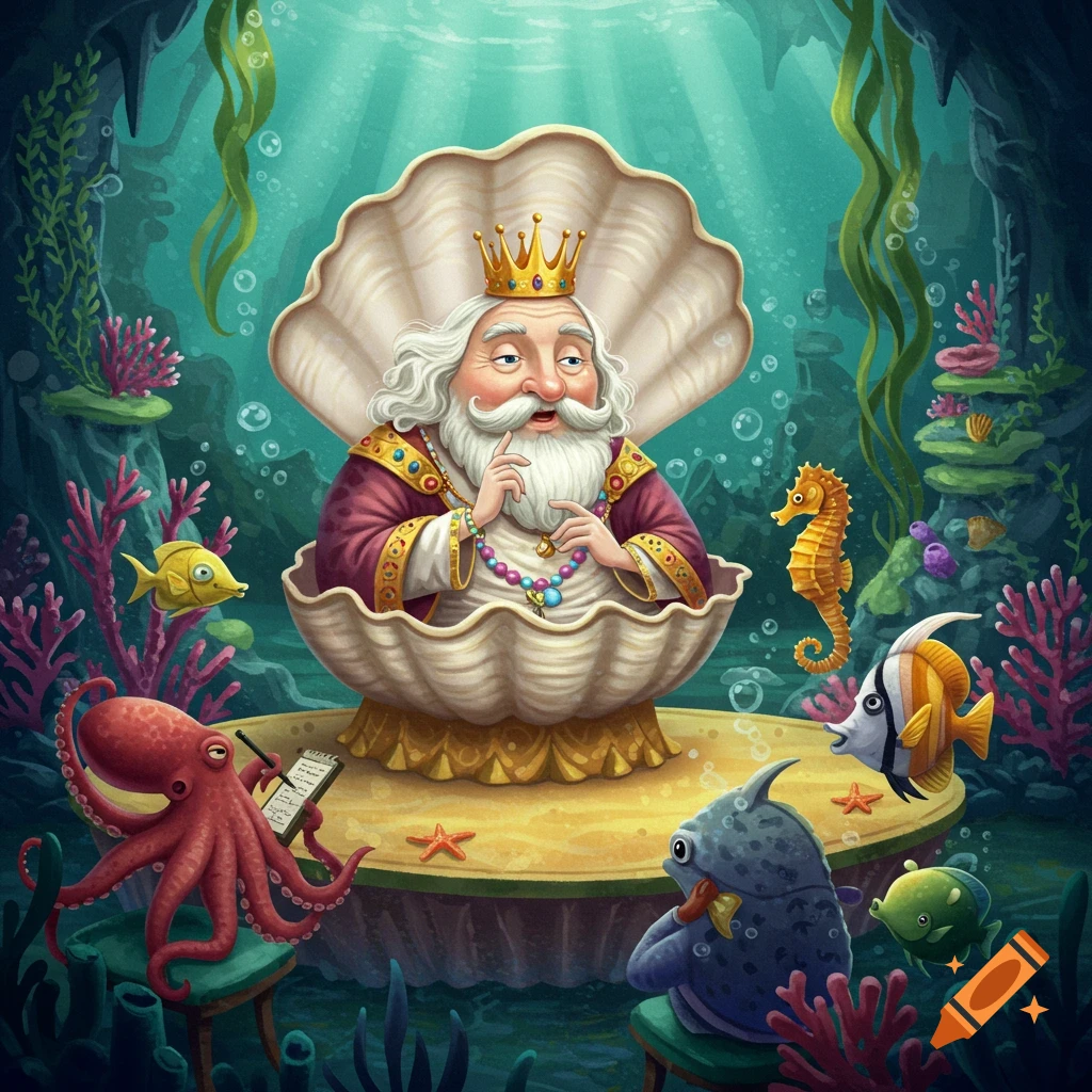 Illustration of a king in a clam chair holding a meeting with sea ...