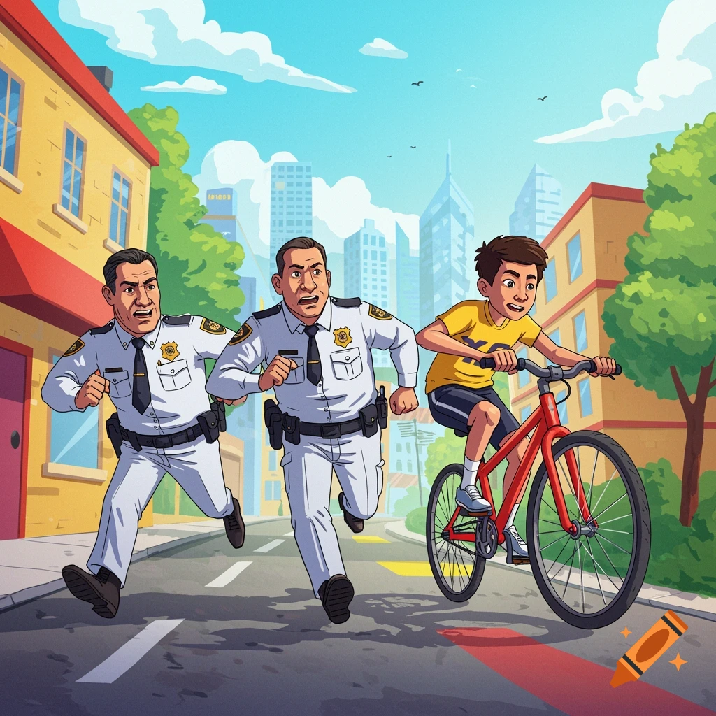 Cartoon image of two police officers chasing a boy on a red bicycle ...