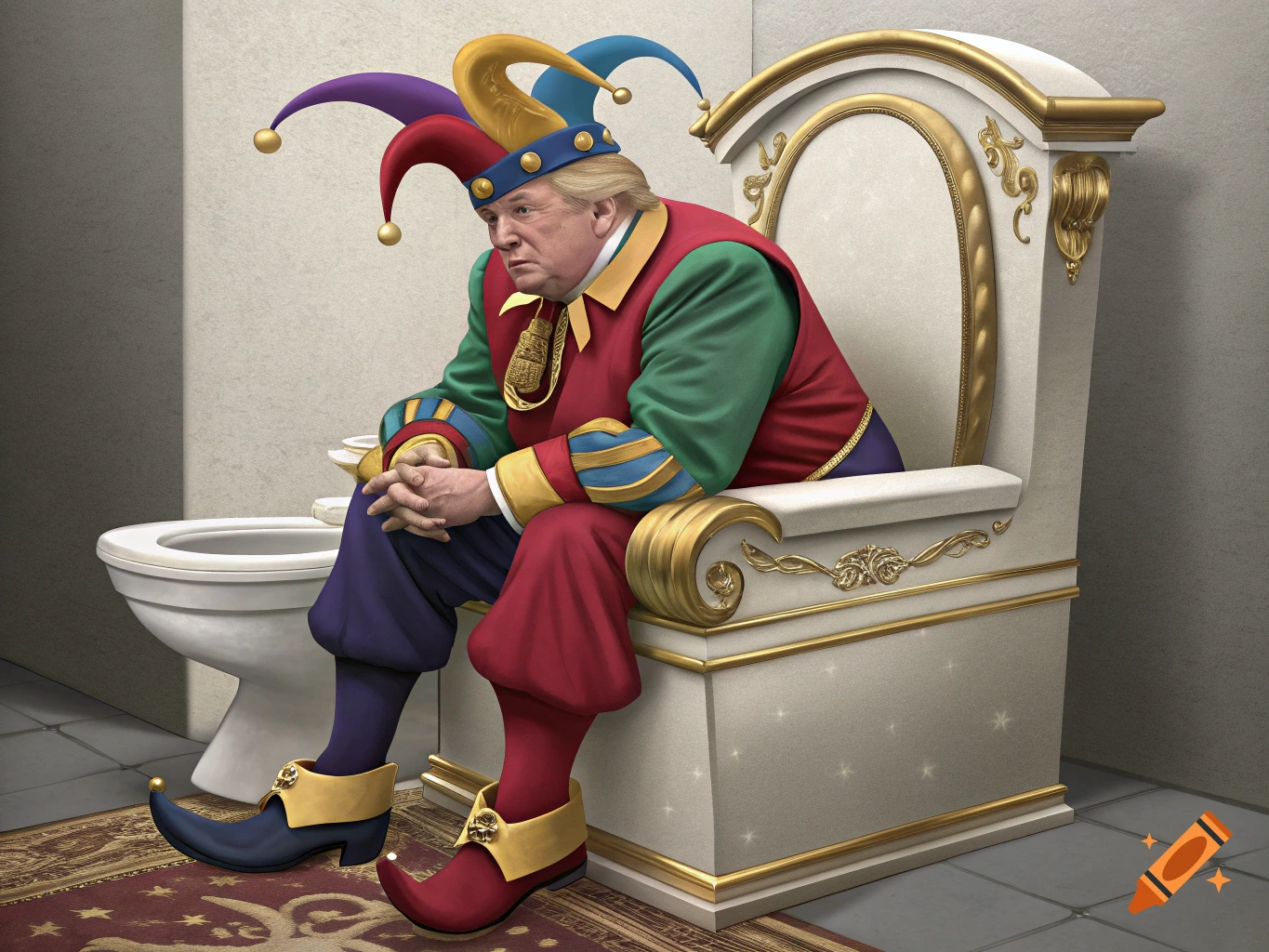 Donald Trump wearing a jester costume sits on a toilet styled like a ...