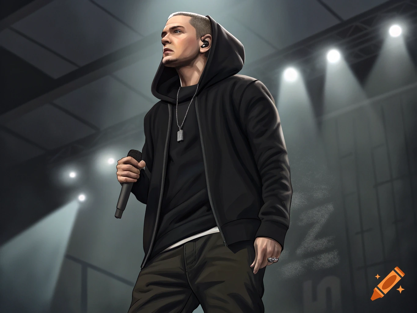 Realistic illustration of Eminem performing on stage, holding a ...