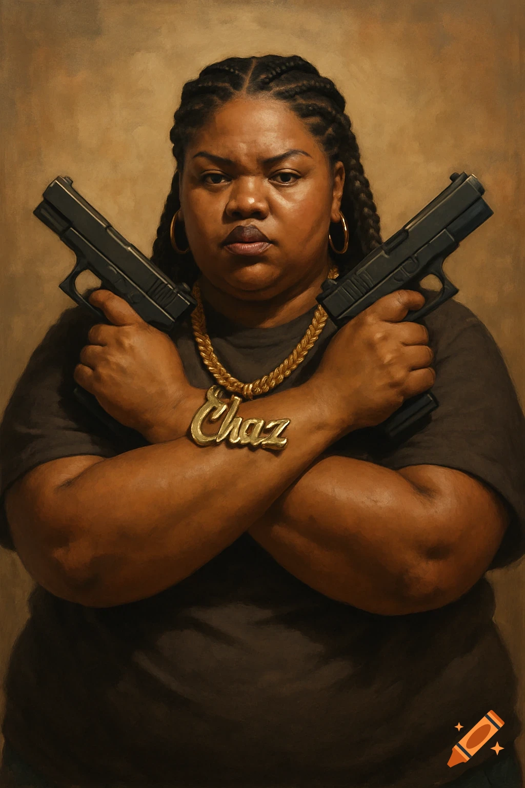 Portrait of a woman with braids holding two guns, wearing a gold chain ...