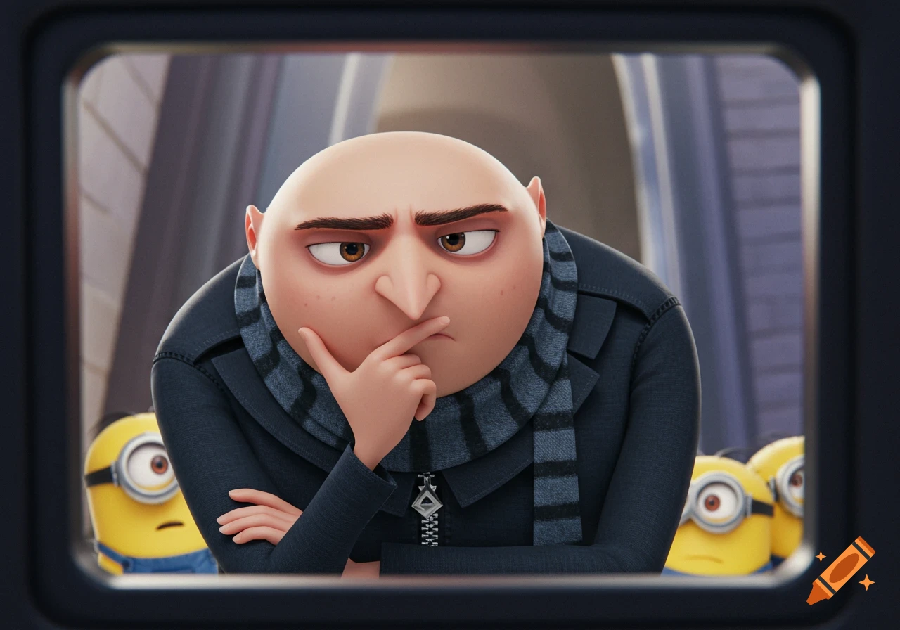 Gru looking thoughtful with hand on chin, framed by a window, with ...