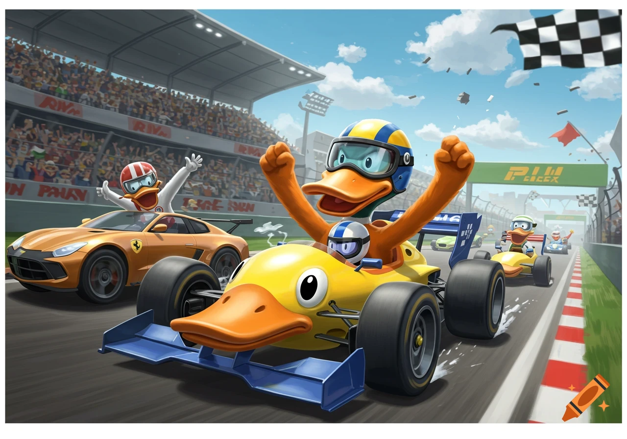 Cartoon duck in a yellow race car raises fists in victory as other ...