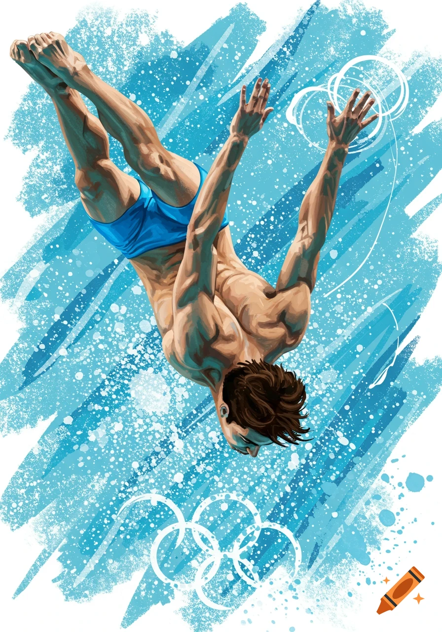 An illustration of a male diver in blue briefs performing a dive with ...