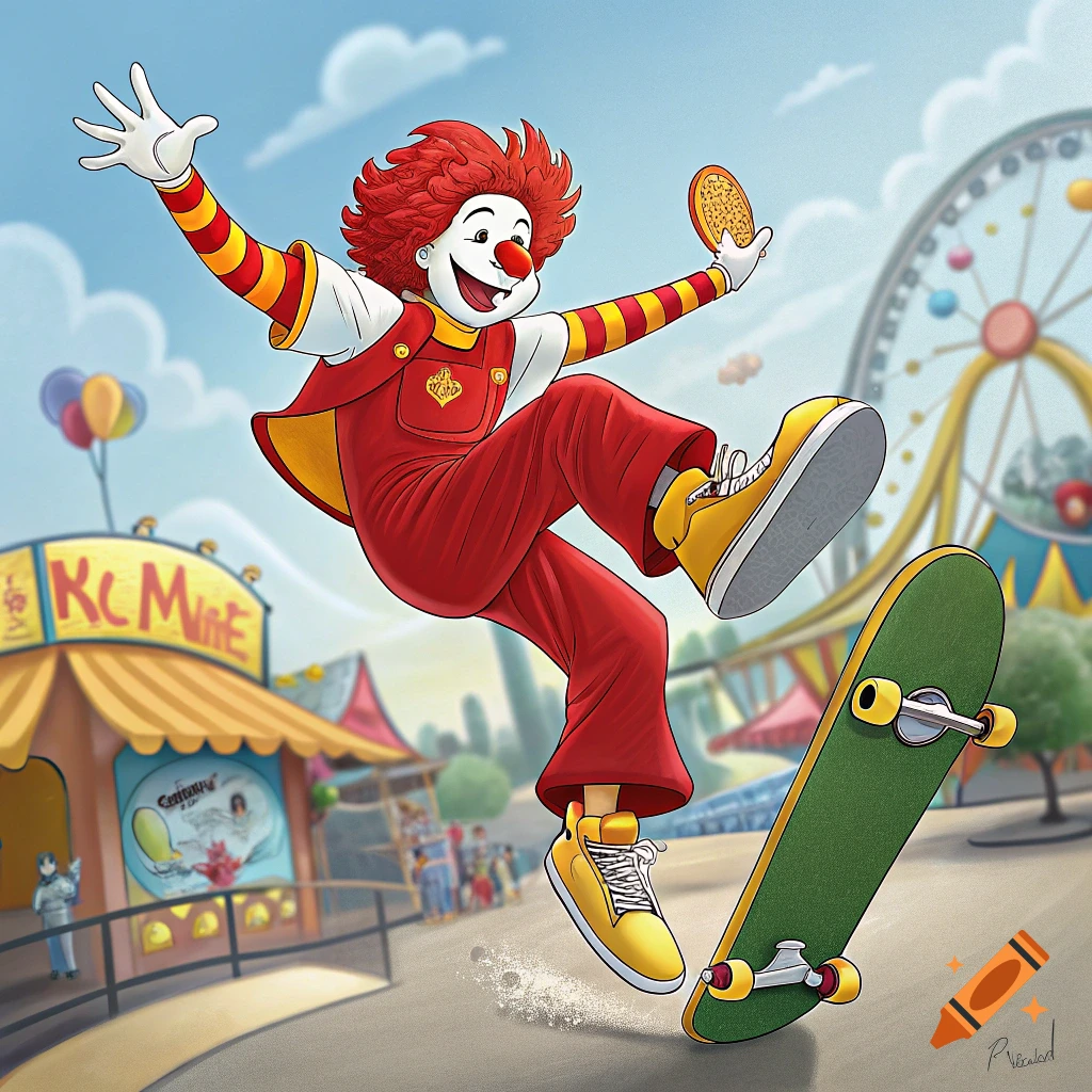 Ronald McDonald doing a kickflip on a skateboard at a funfair in a ...