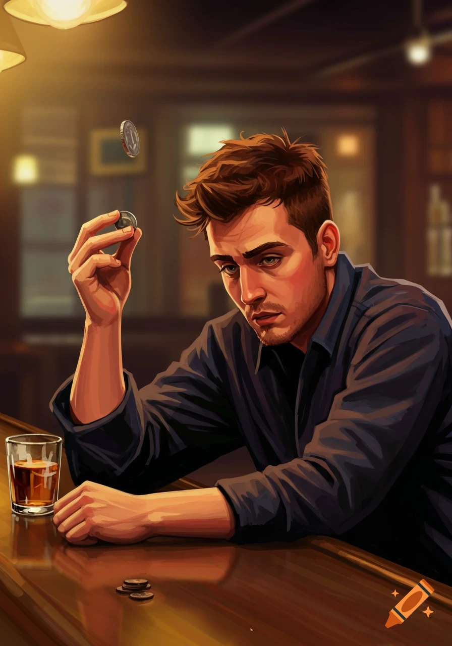 Illustration of a man at a bar flipping a coin. on Craiyon