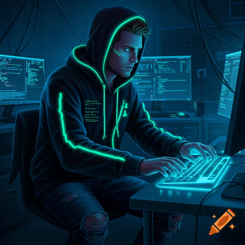 Neon-lit hacker in a dark room, wearing a hoodie with glowing green lines, typing on a glowing ...