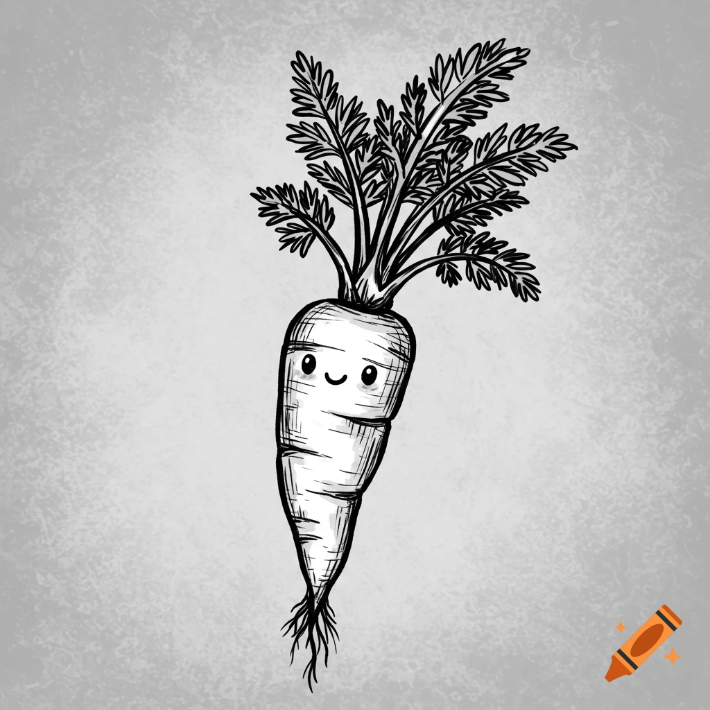 Sketch of a cute cartoon carrot with roots and a face. on Craiyon