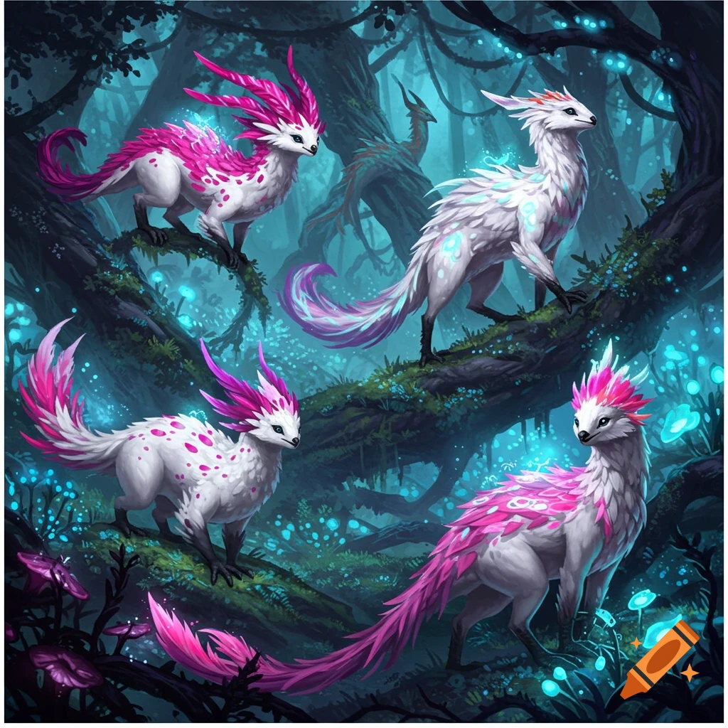 White and pink fantasy creatures in a glowing forest. on Craiyon