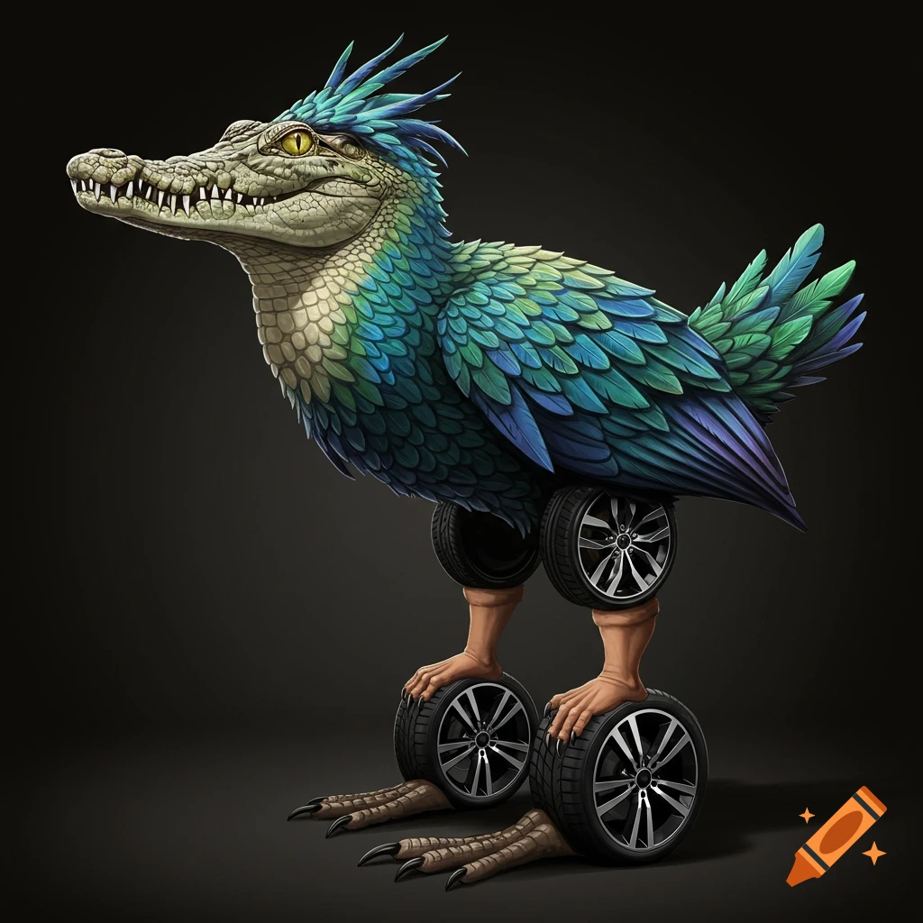 Illustration of a hybrid creature with a crocodile head, bird body ...