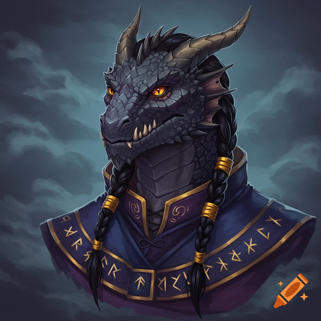 Portrait of a grey dragonborn sorcerer with braided hair and a blue and ...