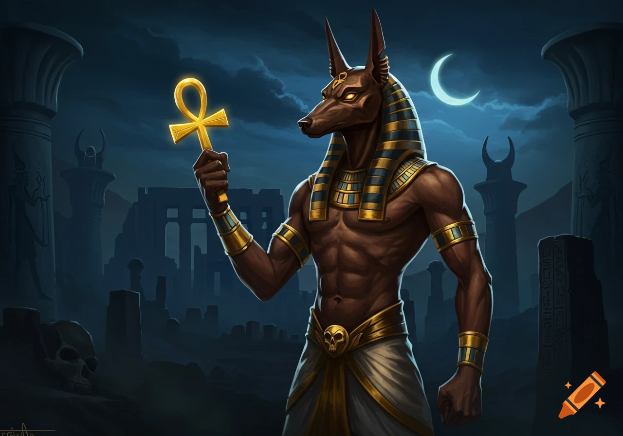 Anubis holding an ankh in ancient Egyptian ruins at night on Craiyon