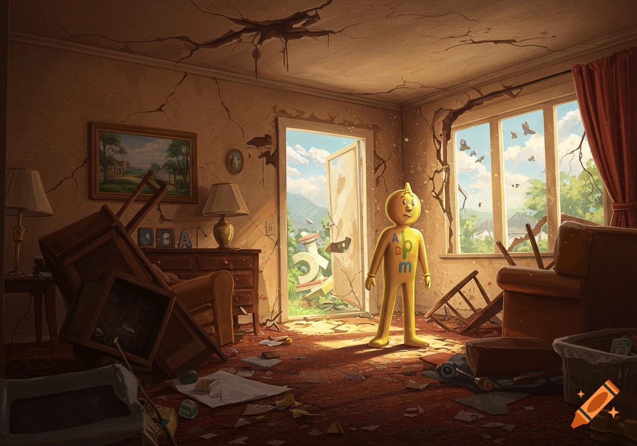 A yellow character with letters on its chest stands in a severely ...