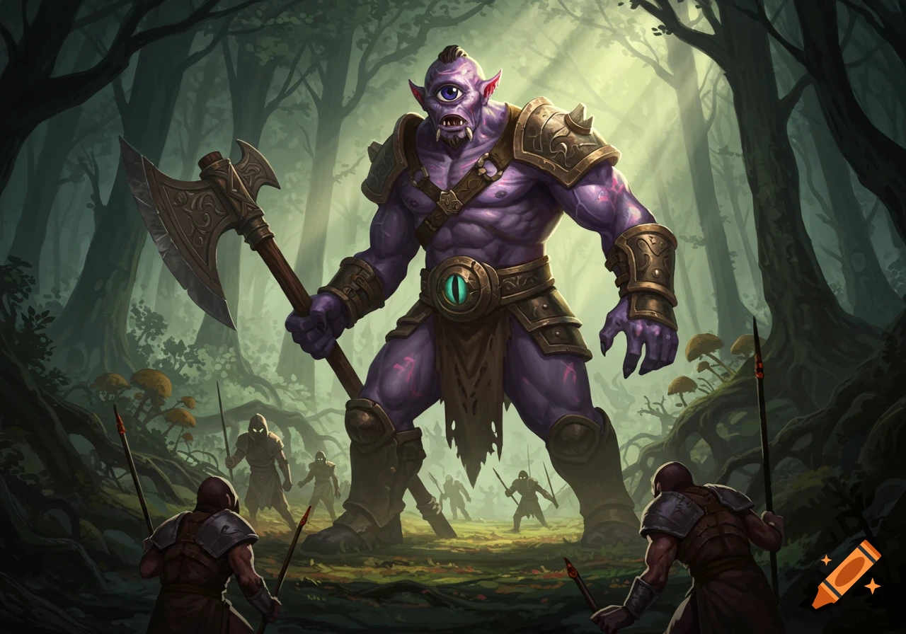 Giant purple cyclops with axe faces warriors in a forest battle on Craiyon