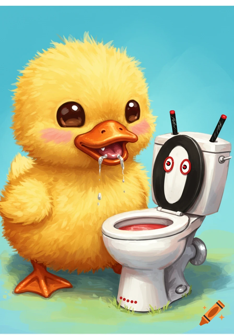 Cute cartoon duck drooling at a toilet with a face and red liquid on ...