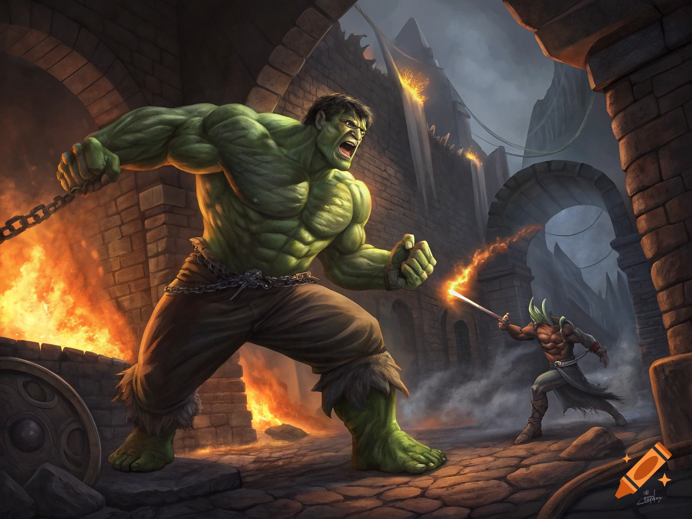 Illustration of the Hulk fighting a Balrog in fiery ruins. on Craiyon