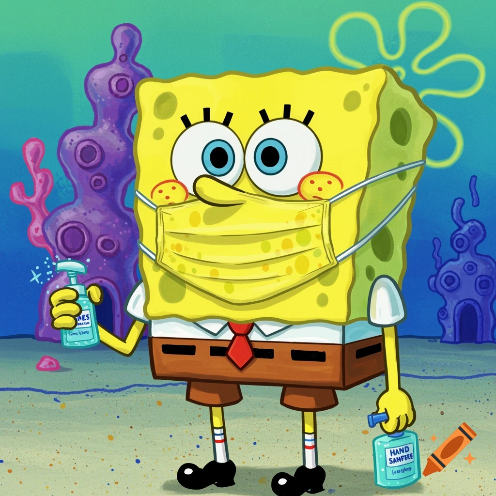 Spongebob Squarepants wearing a yellow face mask and holding hand ...