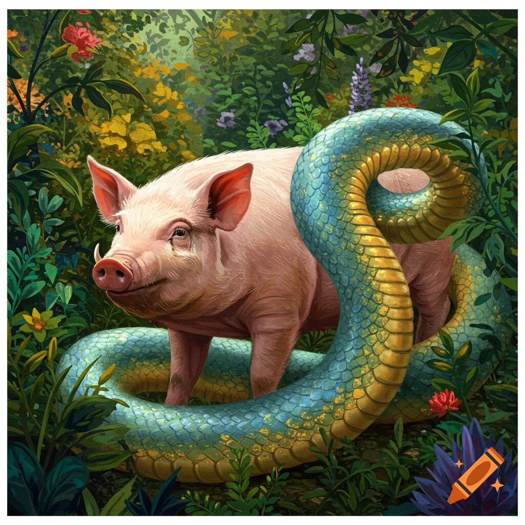 A fantasy creature with a pig's head and a snake's body sits in a lush ...
