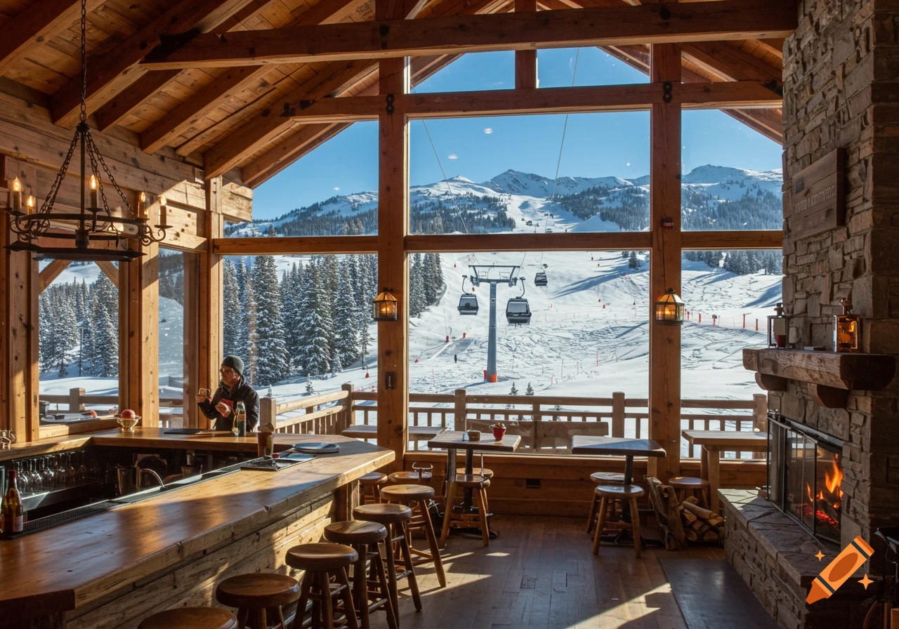 Interior of a wooden ski lodge bar with a fireplace and large windows ...