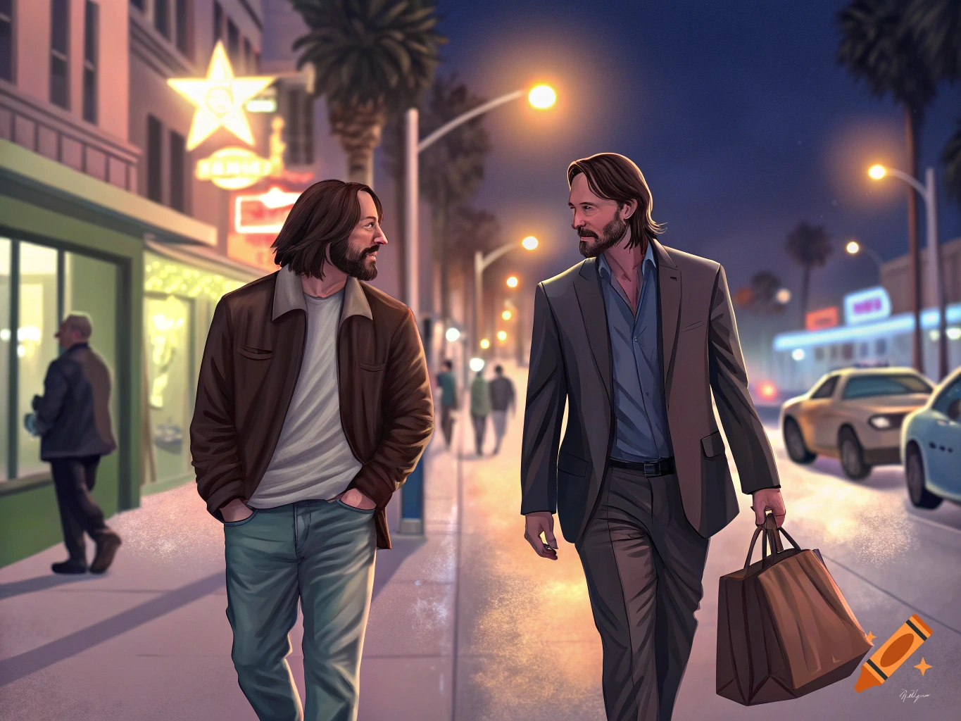 Digital painting of two men resembling Keanu Reeves walking down a city ...