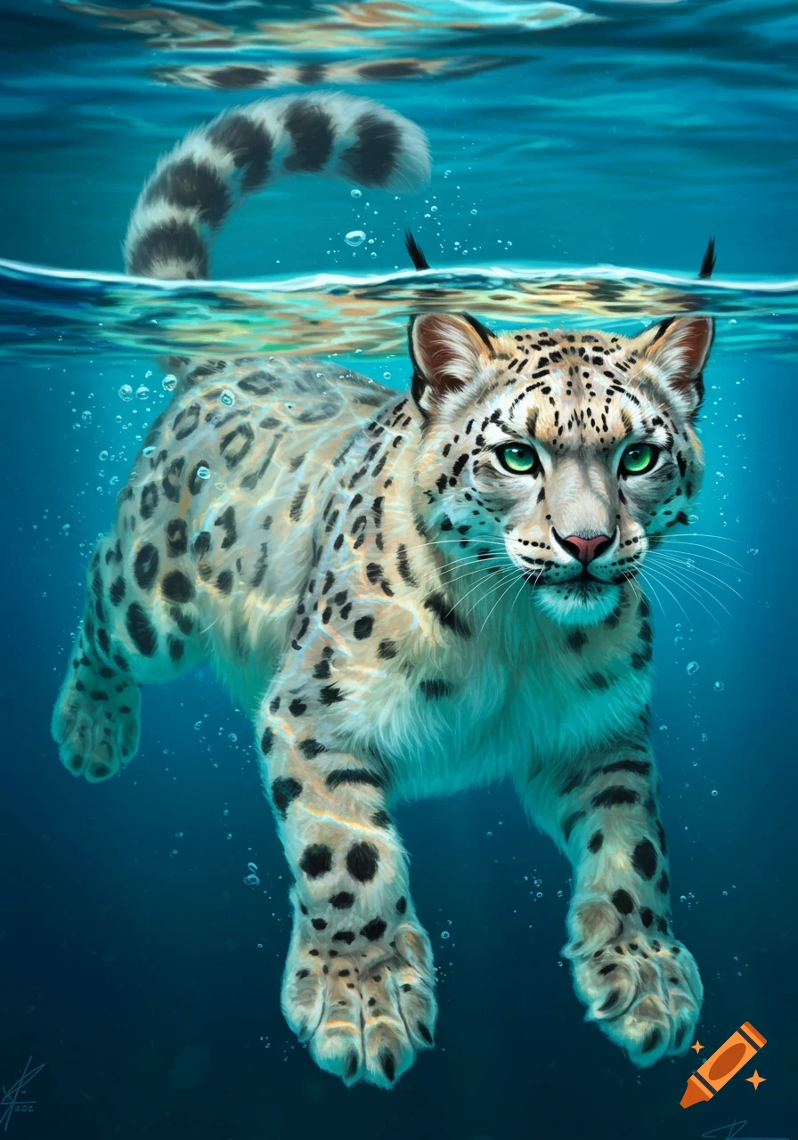 A snow leopard swims underwater, a digital painting. on Craiyon