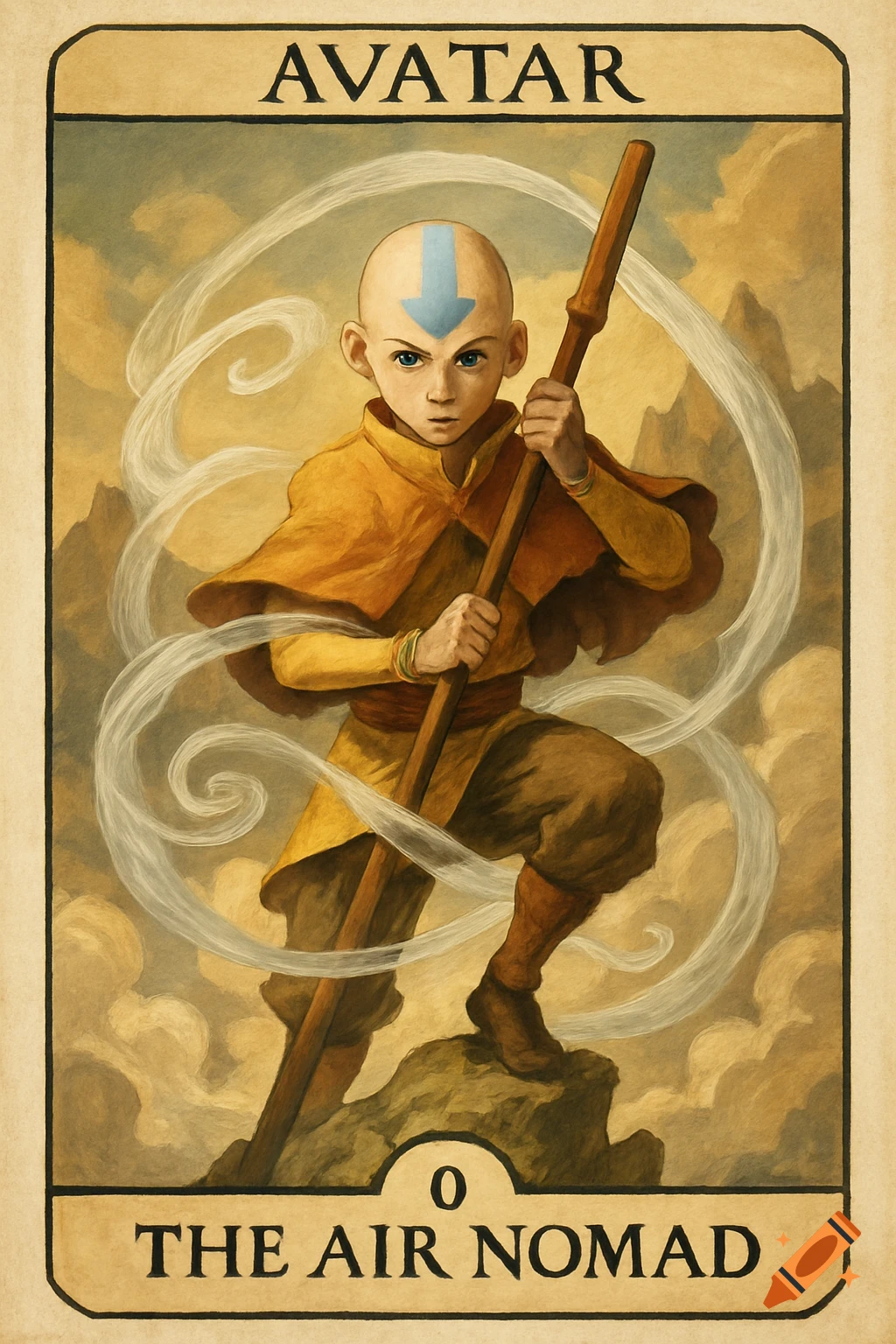 Illustration of Aang from Avatar the Last Airbender on a Tarot card titled The Air Nomad on Craiyon