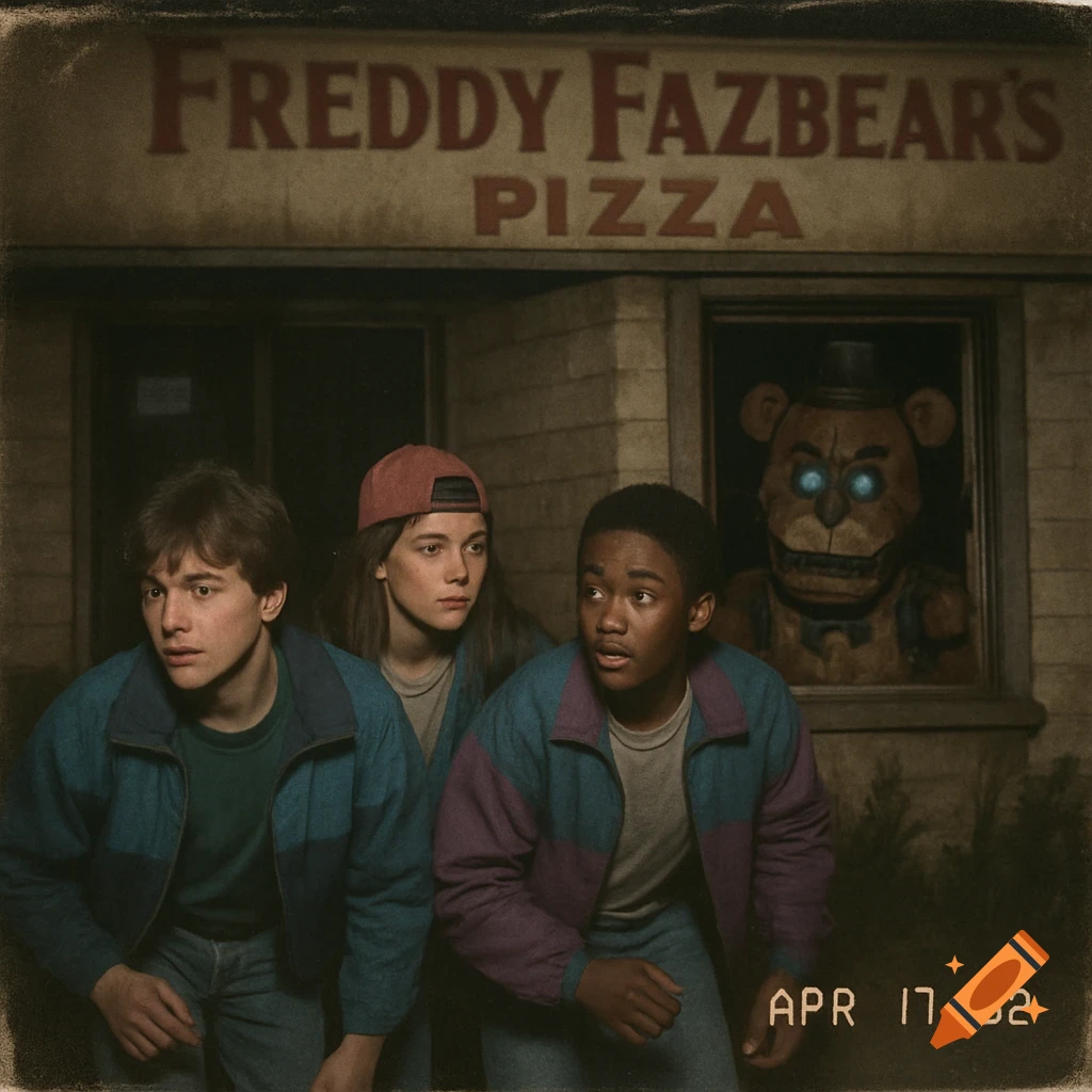 Vintage photo of three nervous teenagers outside a run-down Freddy ...