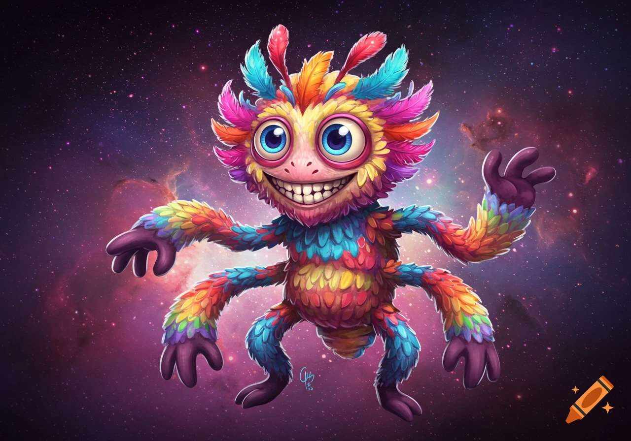 A colorful, feathered monster with big eyes and a wide smile floats in ...