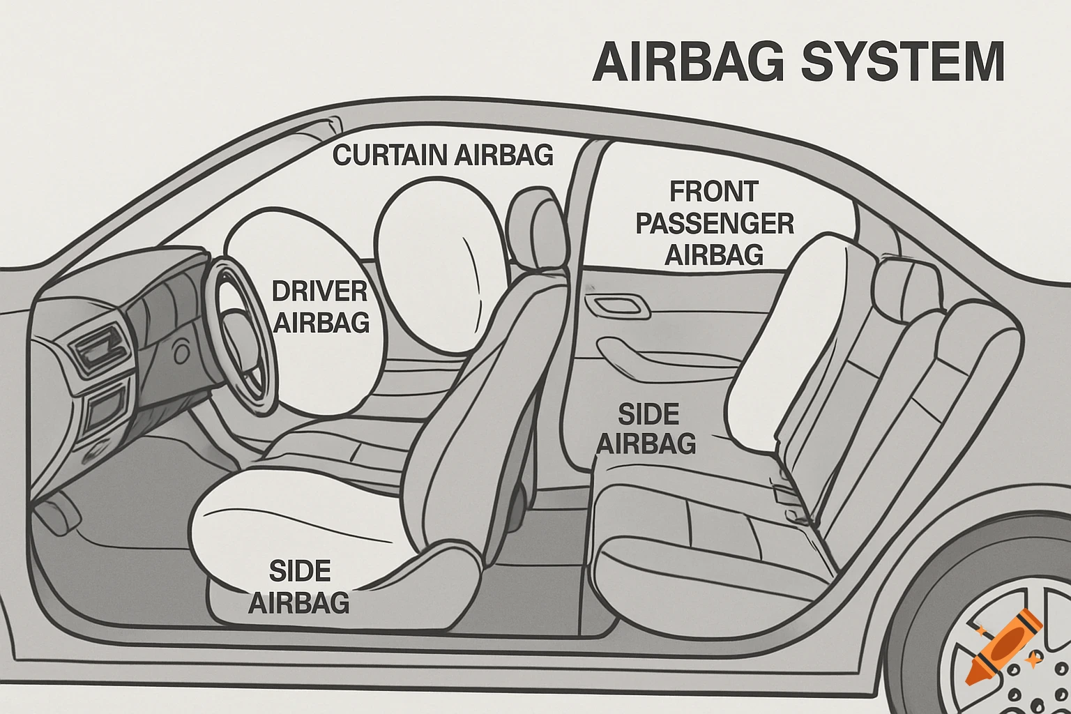 Illustration of a car's airbag system with labels for driver, passenger, curtain, and side ...
