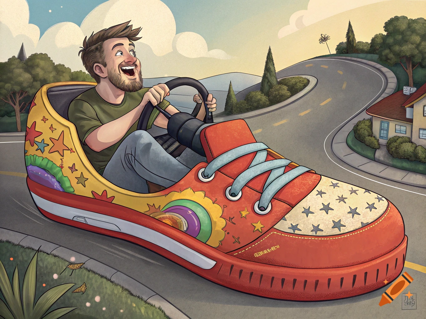 Illustration of a person happily driving a giant red and yellow shoe ...