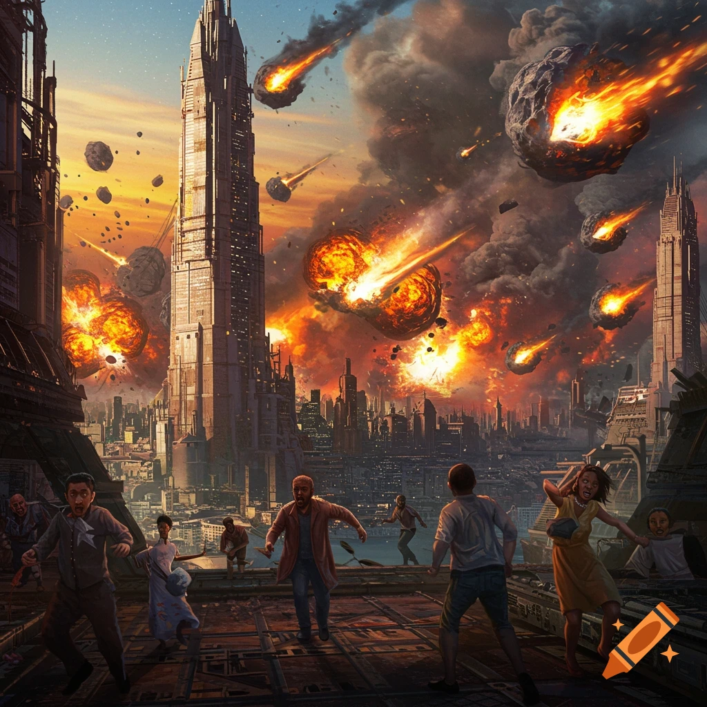 Futuristic city under meteor shower, people running in terror, dramatic ...