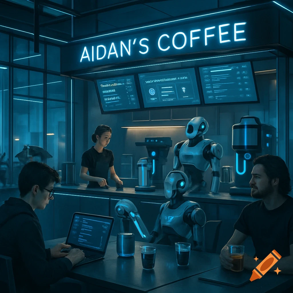 Futuristic coffee shop with neon sign, robots, and customers using ...