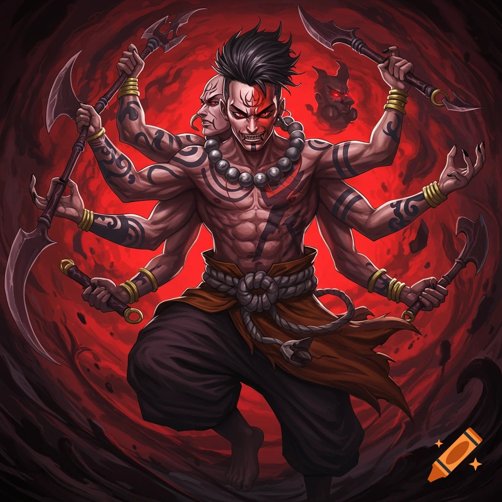 Muscular demonic figure with multiple arms and heads, covered in ...