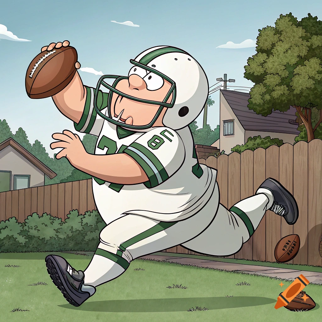 Cartoon character Peter Griffin running and catching a football in a ...