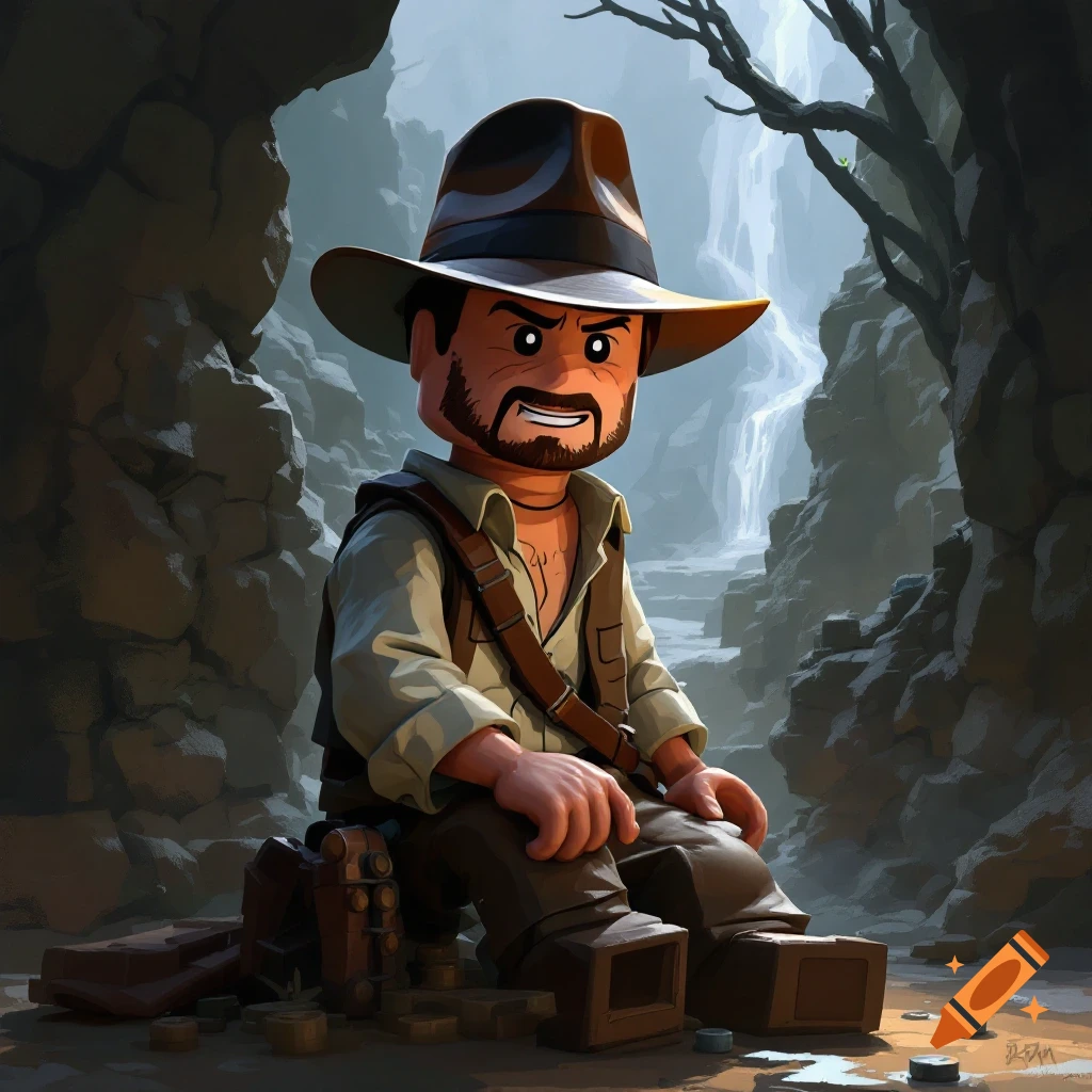 LEGO Indiana Jones figure sitting in a cave with a waterfall background ...