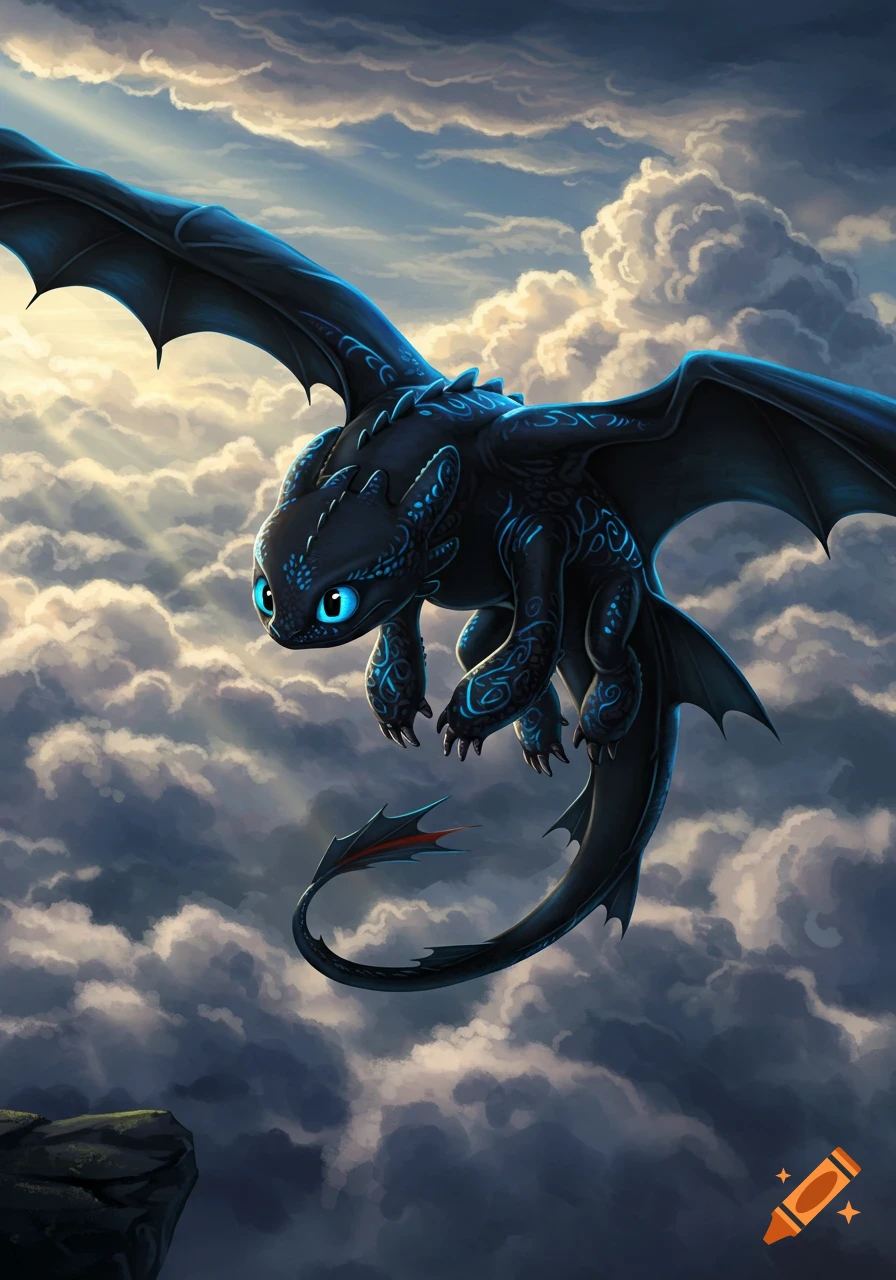 Illustration of Toothless from How to Train Your Dragon flying through ...