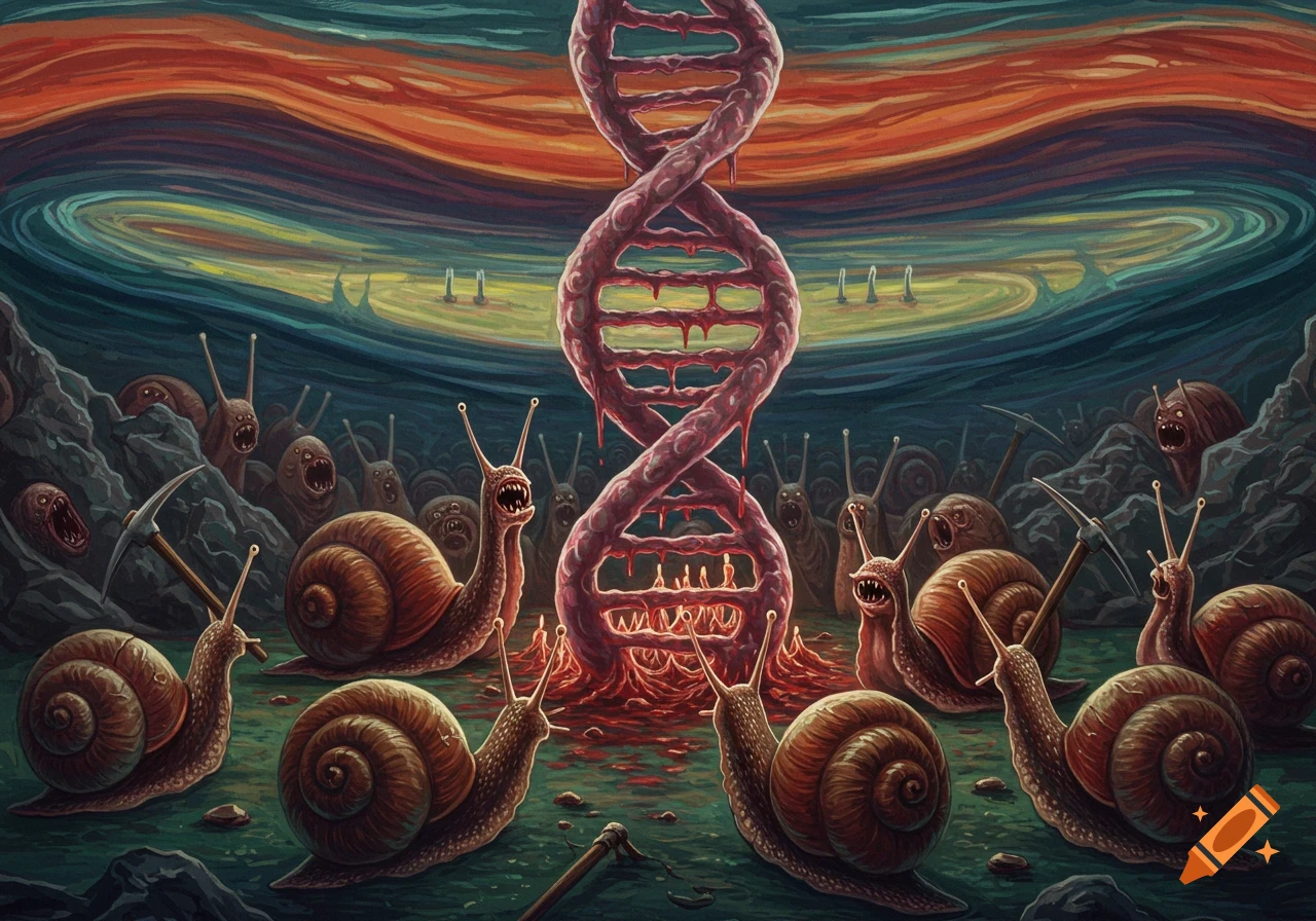 Surreal painting of evil snails with pickaxes worshipping a bloody DNA ...