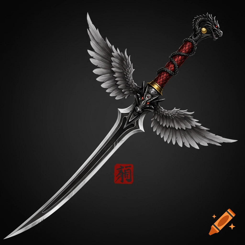 A fantasy sword with a dragon head handle and wings on the blade. on ...