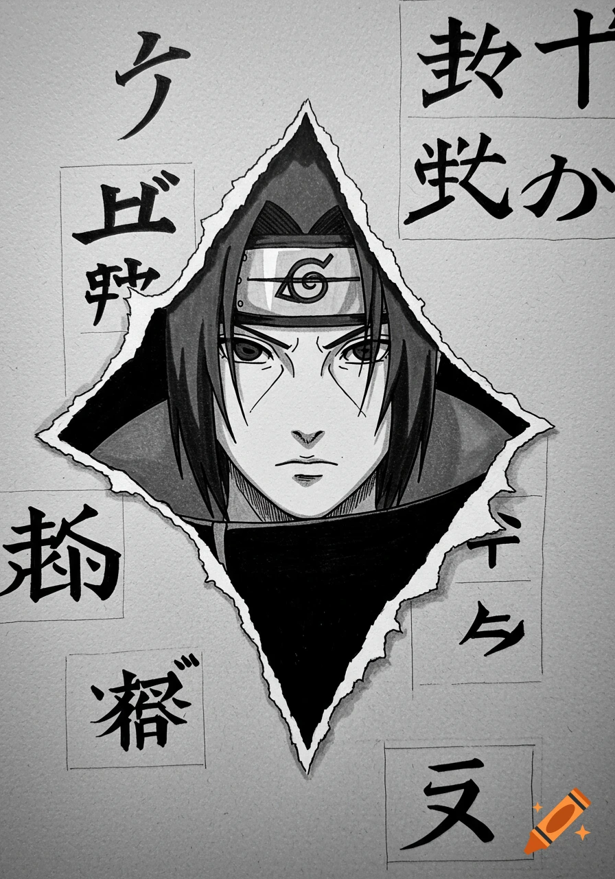 Black and white drawing of anime character Itachi Uchiha looking ...