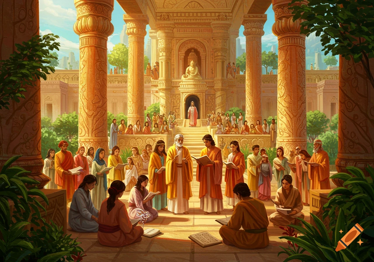 Teachers and students read books in a grand temple courtyard. on Craiyon