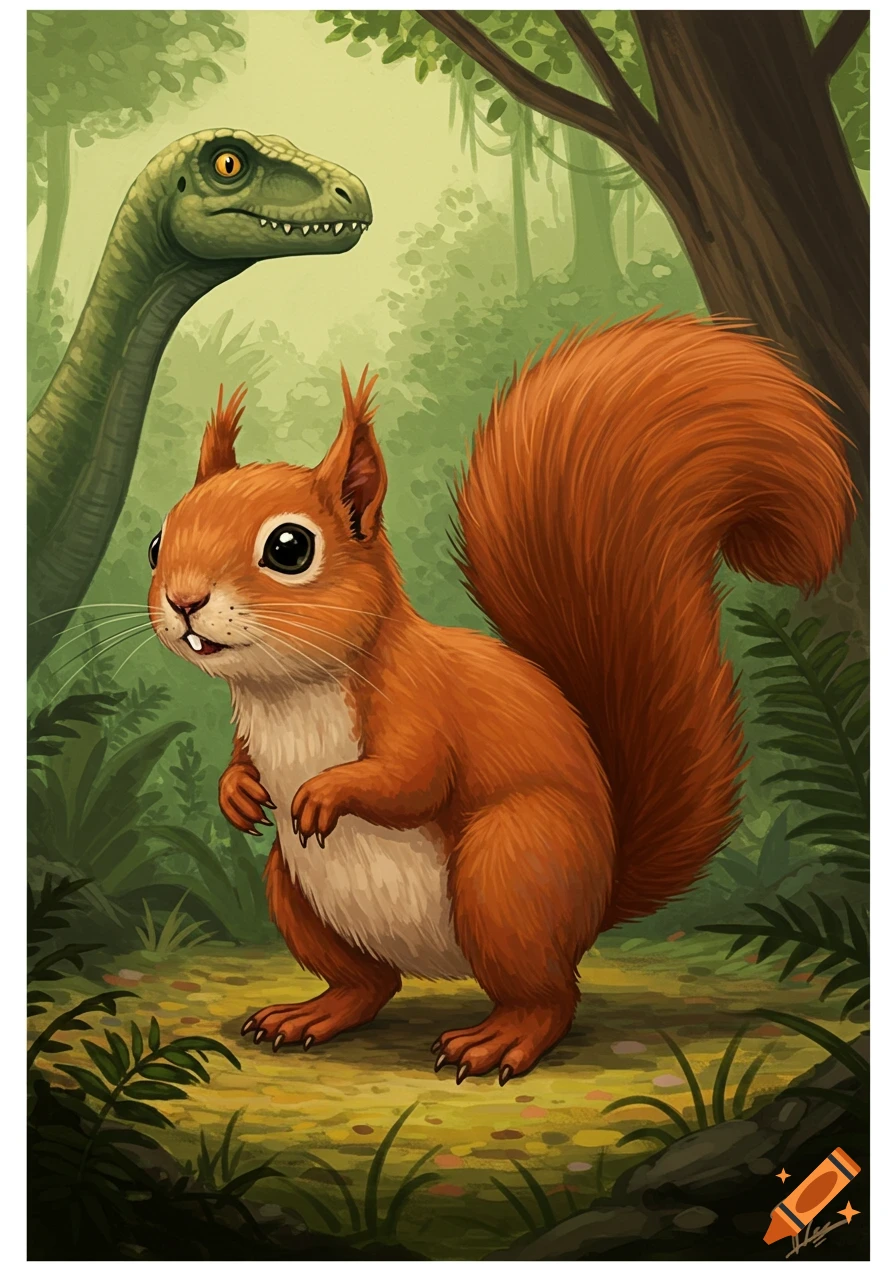 Cartoon illustration of a squirrel and a dinosaur in a forest on Craiyon