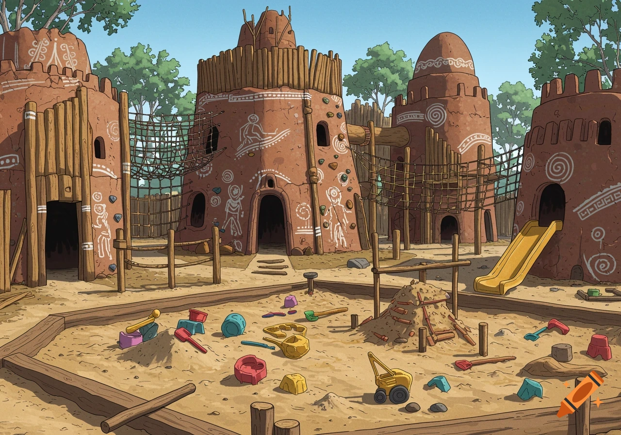 Digital illustration of a unique outdoor playground featuring earth and ...