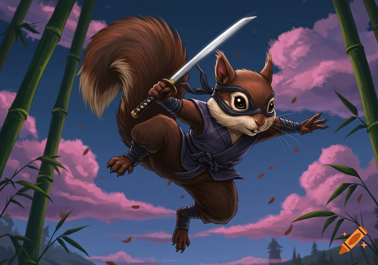 A ninja squirrel leaps with a sword among bamboo stalks against a sky ...