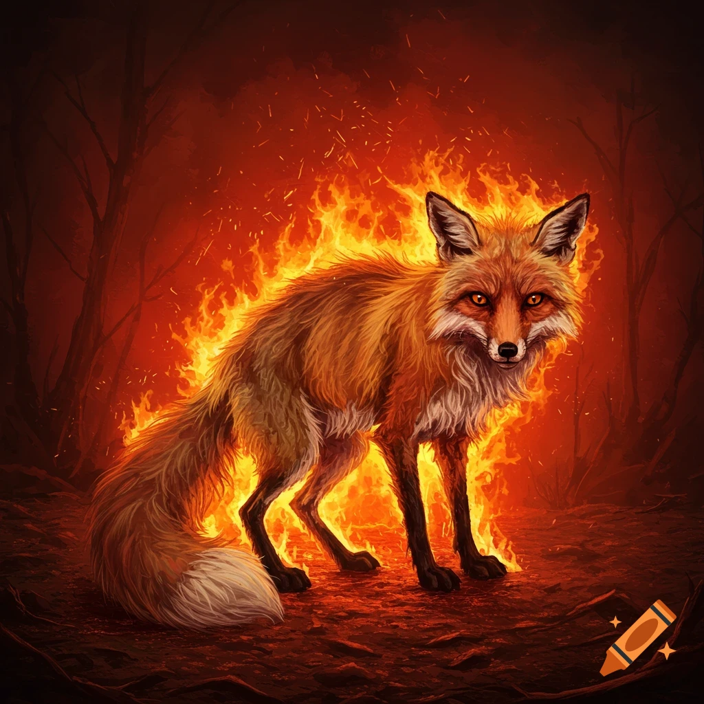 A red fox stands surrounded by intense fire in a dark forest. on Craiyon
