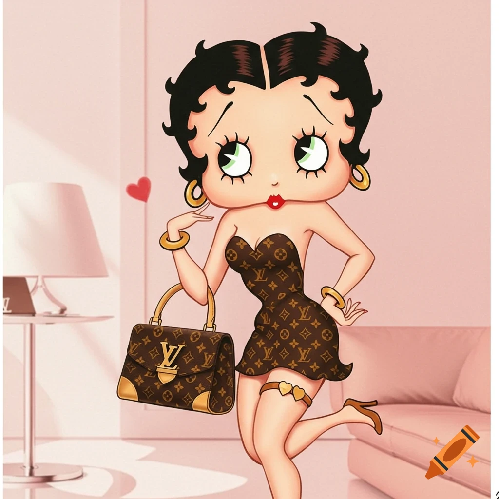 Cartoon illustration of Betty Boop holding a Louis Vuitton bag and wearing a patterned dress in ...