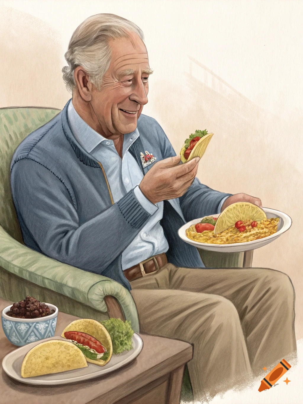 Illustration of King Charles III smiling while eating tacos. on Craiyon